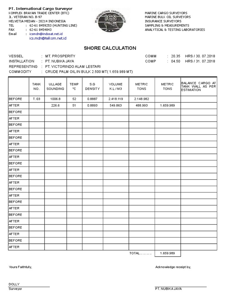 Shore Calculation | PDF | Ton | Freight Transport
