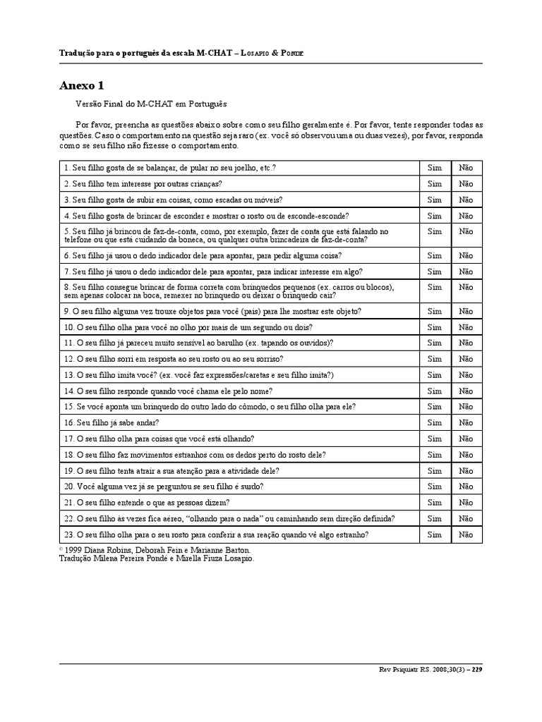 Anexo 1: Tradução para o português da escala M-CHAT – L & P ...
