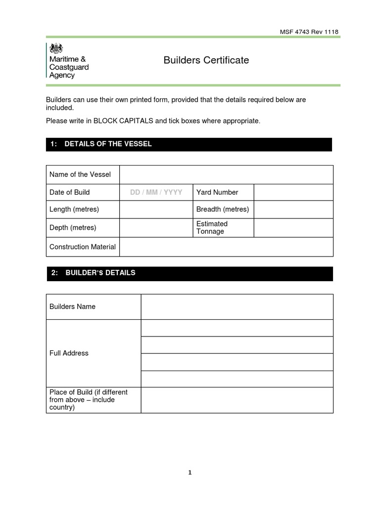 MSF HHH Req12 8 Builders Certificate | PDF | Water Transport | Ships