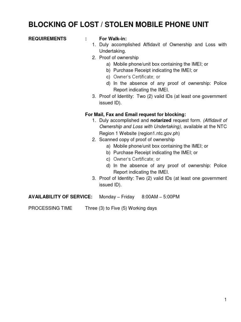 Blocking of Lost Stolen Mobile Phone Unit | PDF | Identity Document ...