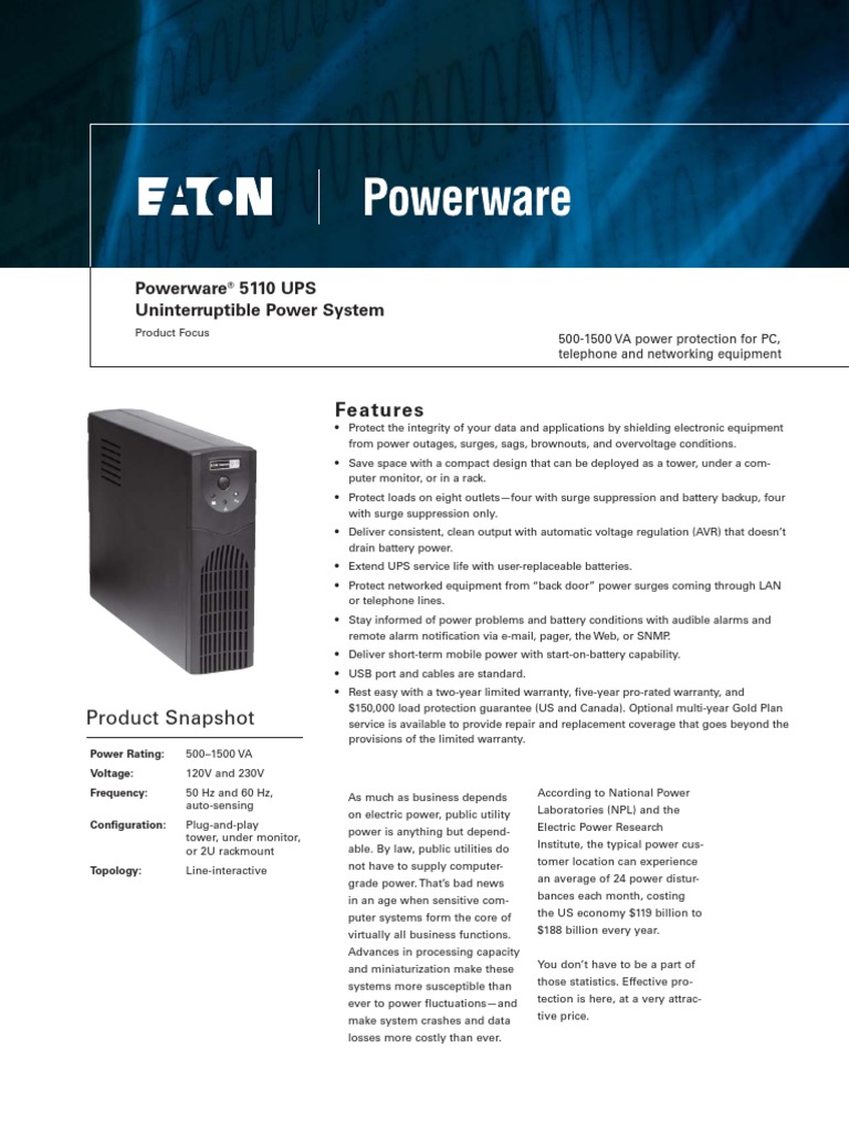 Powerware 5110 UPS Uninterruptible Power System: Features | PDF | Mains ...