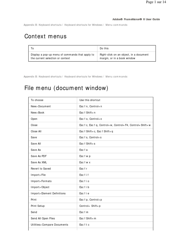 Context Menus: Appendix B: Keyboard Shortcuts / Keyboard Shortcuts For Windows / Menu Commands ...