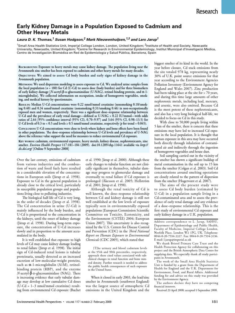 Research: Early Kidney Damage in A Population Exposed To Cadmium and ...