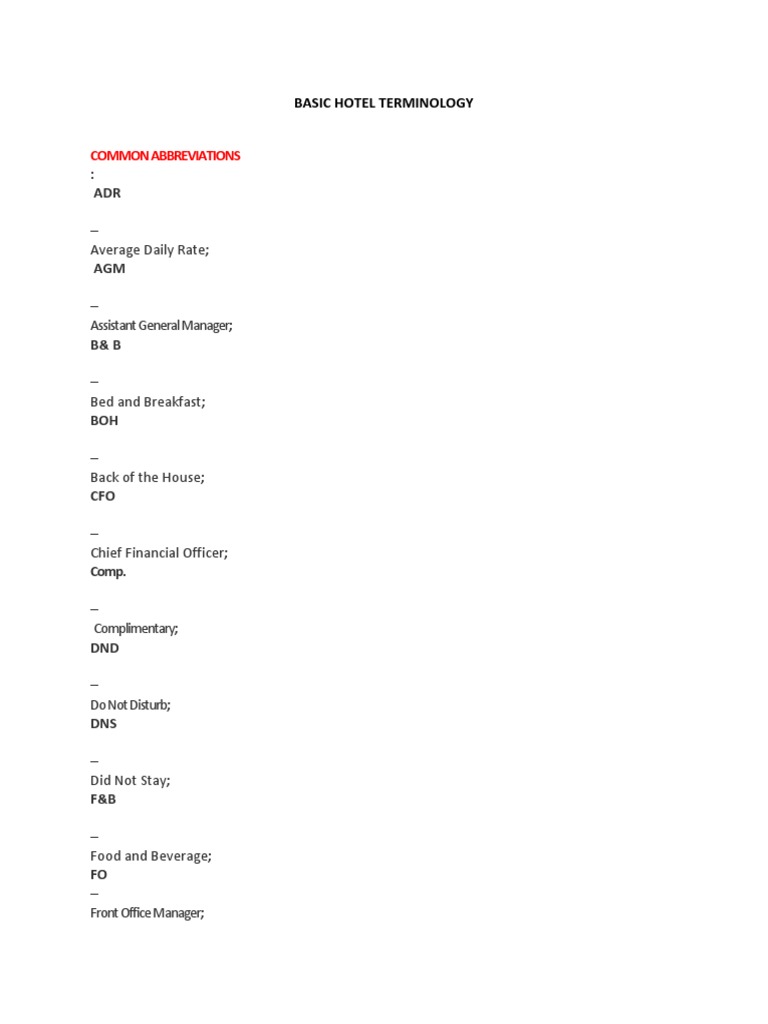 Common Abbreviations: Basic Hotel Terminology | PDF | Hotel | Bed And ...