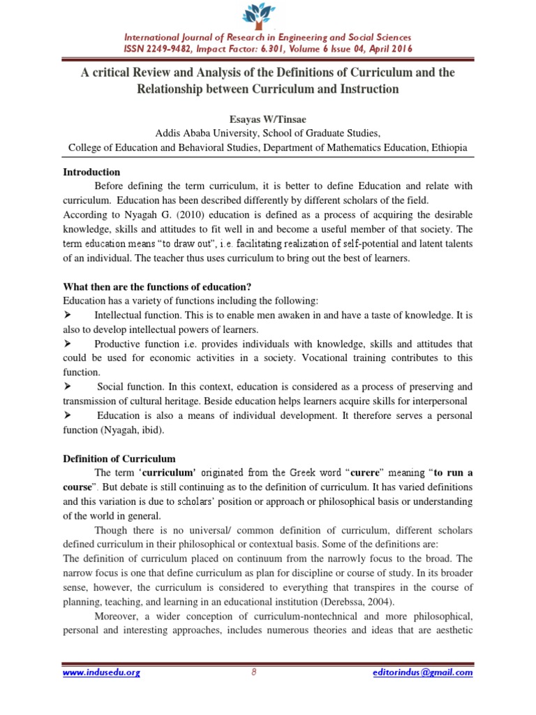 A Critical Review and Analysis of The Definitions of Curriculum and The ...