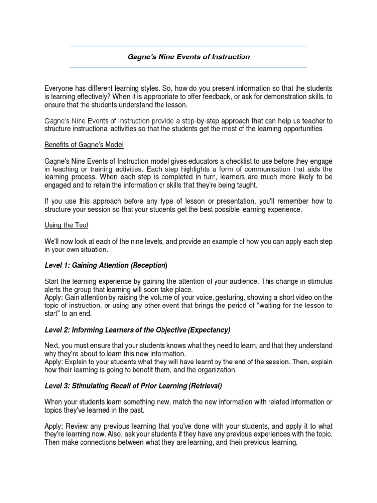 Gagne's Nine Events of Instruction | PDF | Recall (Memory) | Learning