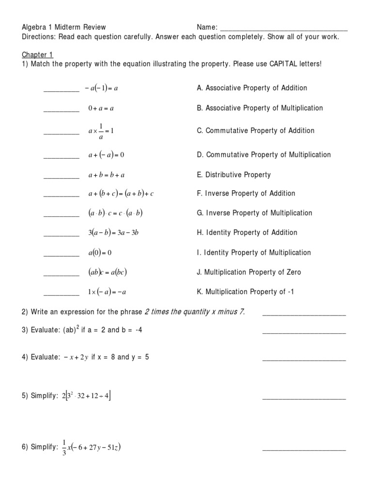 Algebra 1 Midterm Review Guide | PDF | Function (Mathematics ...