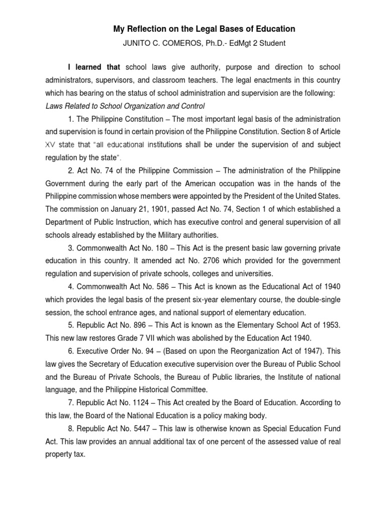 Reflection On Legal Basis of Education | PDF | Teachers | Civil Service