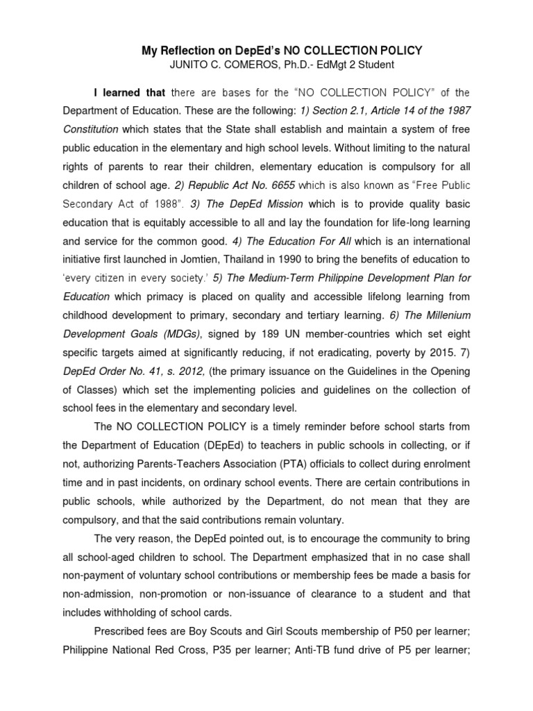 Reflection On No Collection Policy | PDF | State School | Teachers