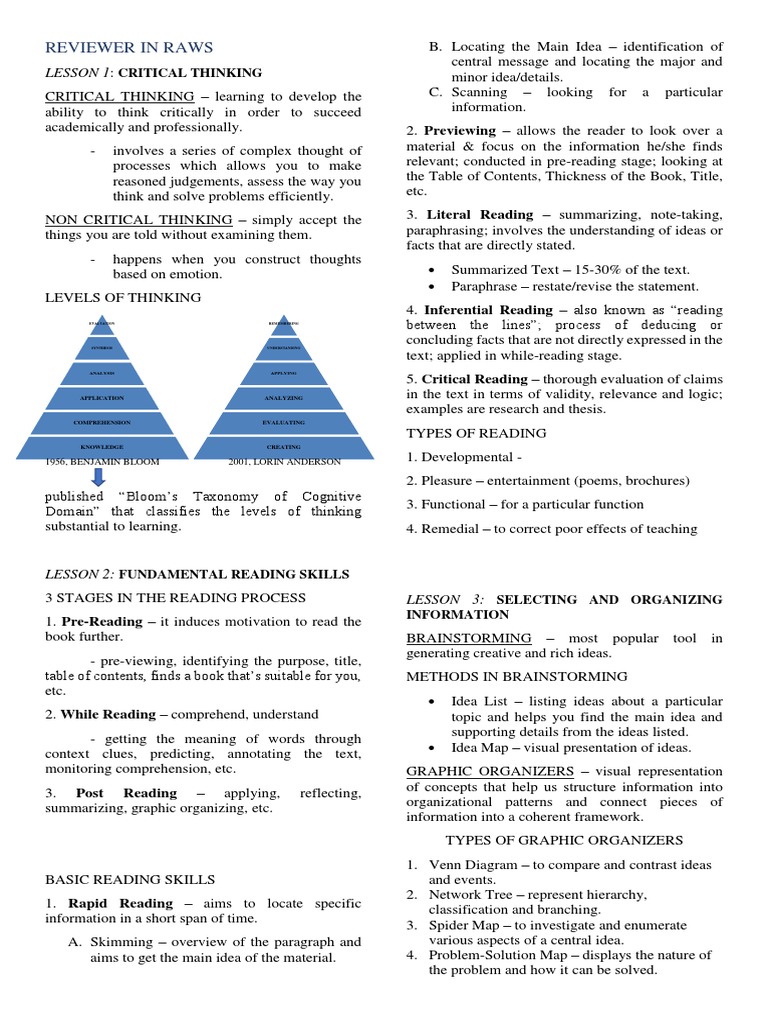 Reviewer in Raws: Lesson 1 | PDF | Critical Thinking | Reading Comprehension