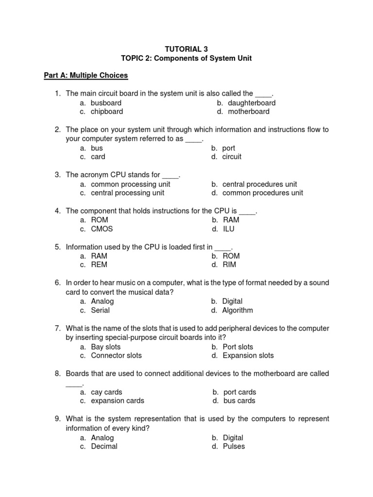 Tutorial 3 TOPIC 2: Components of System Unit Part A: Multiple Choices | PDF | Central ...