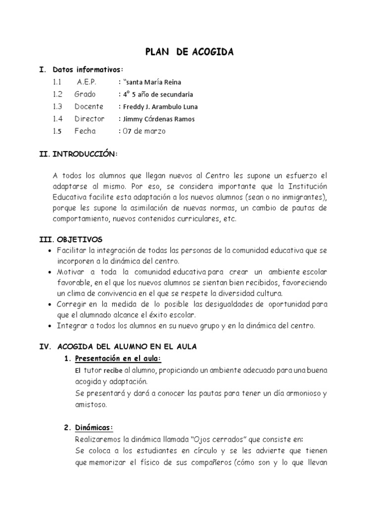 Plan de Acogida | PDF | Salón de clases | Aprendizaje