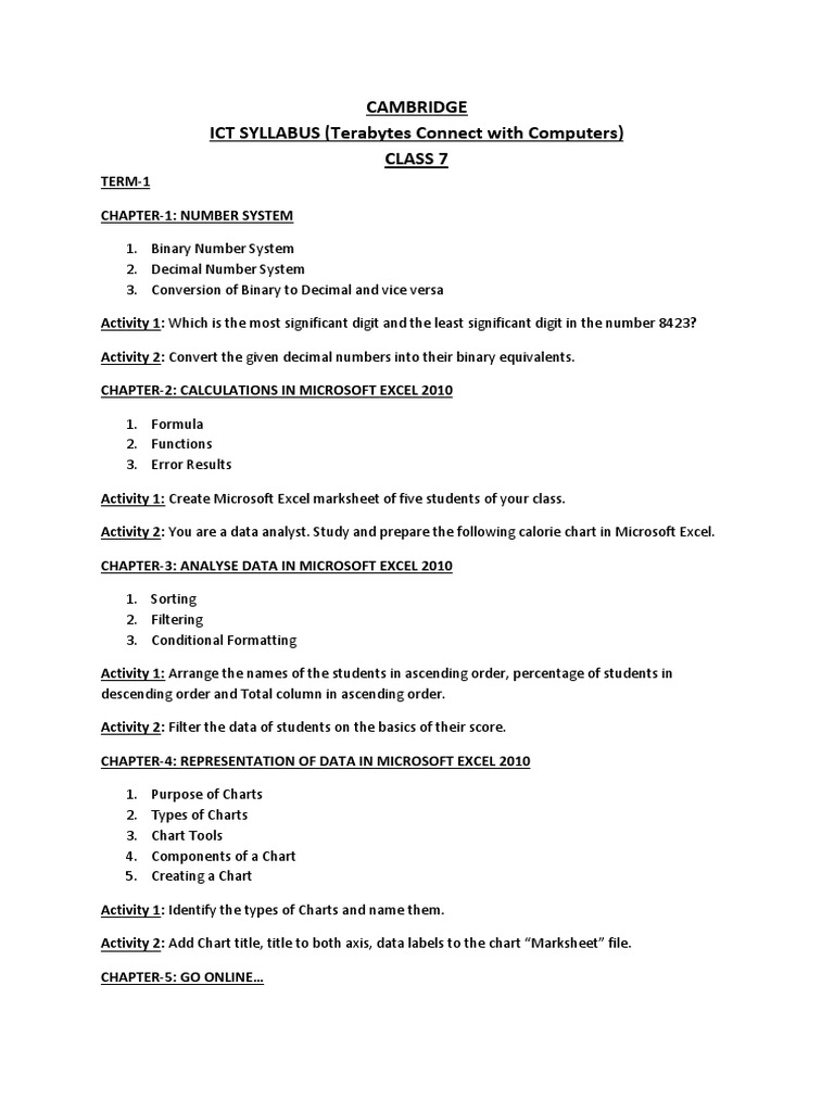 Cambridge ICT SYLLABUS (Terabytes Connect with Computers) Class 7 ...