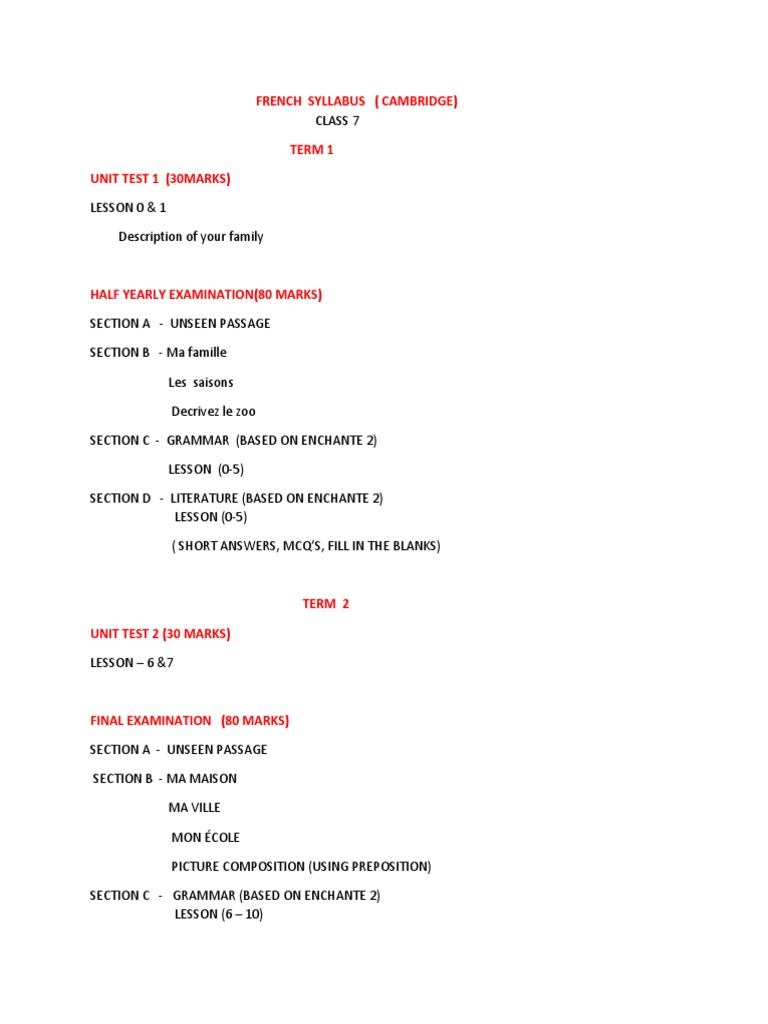 Term 1: French Syllabus (Cambridge) | PDF