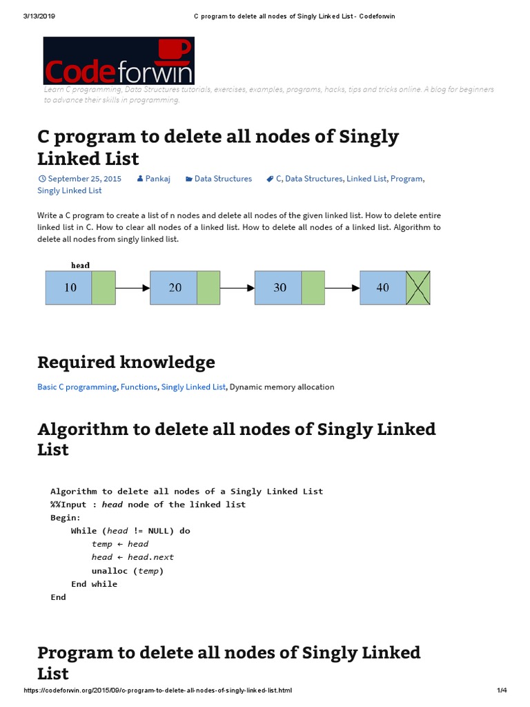 C Program To Delete All Nodes of Singly Linked List - Codeforwin | PDF | C (Programming Language ...