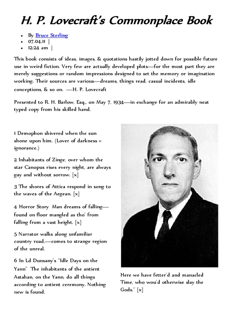 H. P. Lovecraft's Commonplace Book PDF | PDF | H. P. Lovecraft | Dream
