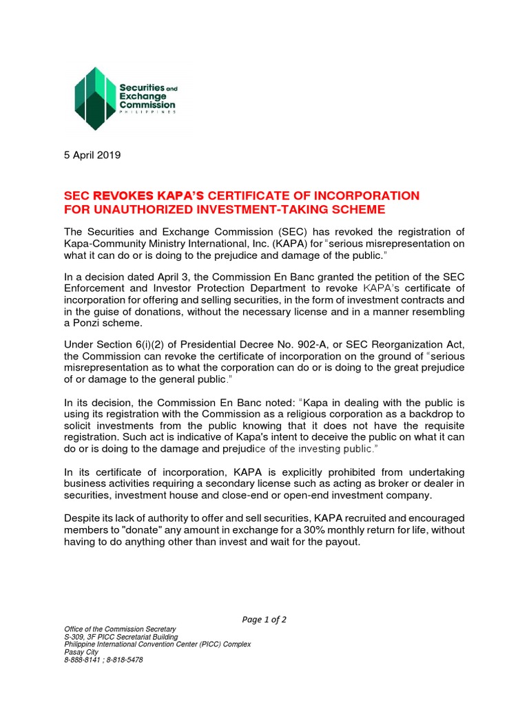 Securities And Exchange Commission Certificate Of Registration