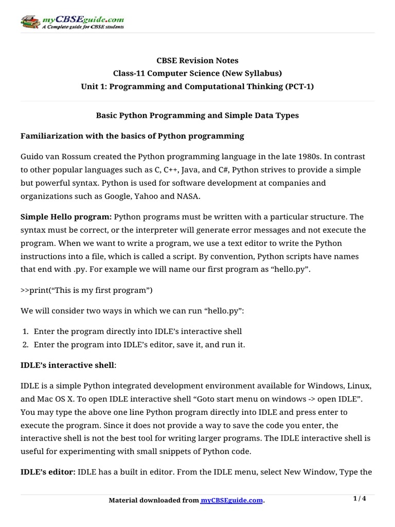 11 Computer Science Notes Unit1 Python Prog Simpledatatype | PDF ...
