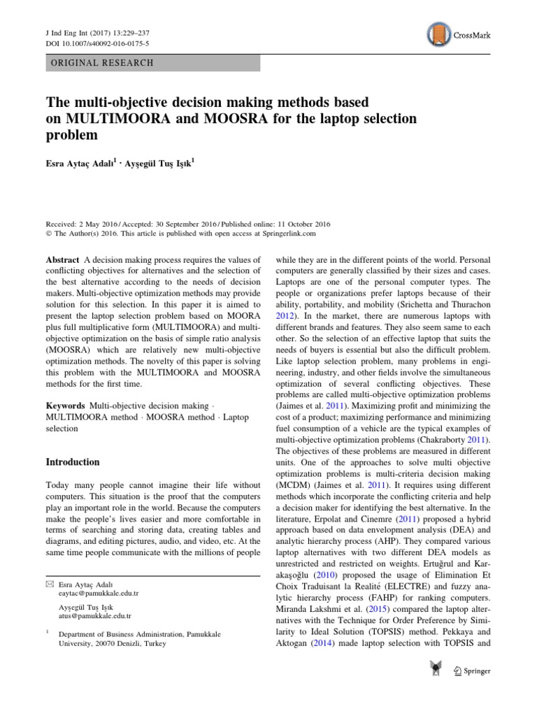 The Multi-Objective Decision Making Methods Based On MULTIMOORA and MOOSRA For The Laptop ...