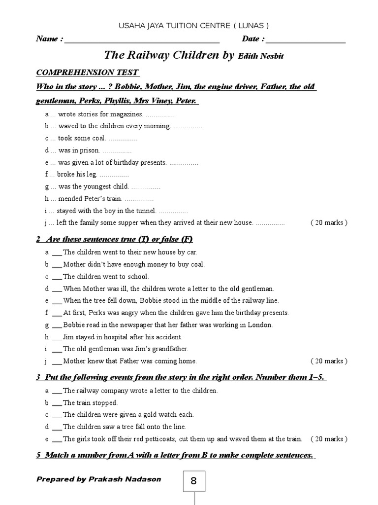 Railway Children Comprehension Test | PDF