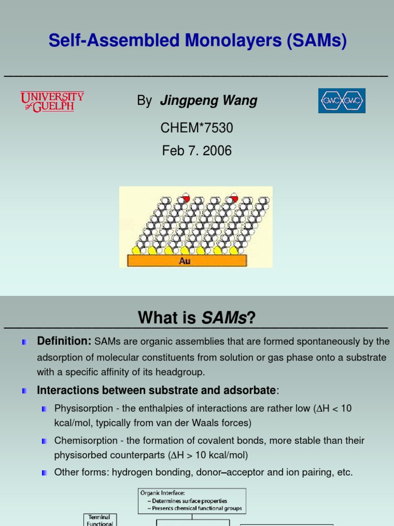 Self-Assembled Monolayers (Sams) : by Jingpeng Wang Chem 7530 Feb 7. 2006 | PDF | Adsorption ...