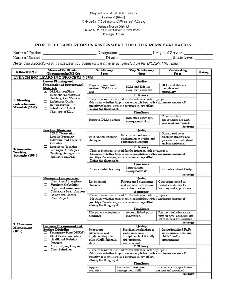 RPMS Scoring Guide | PDF | Classroom | Teachers