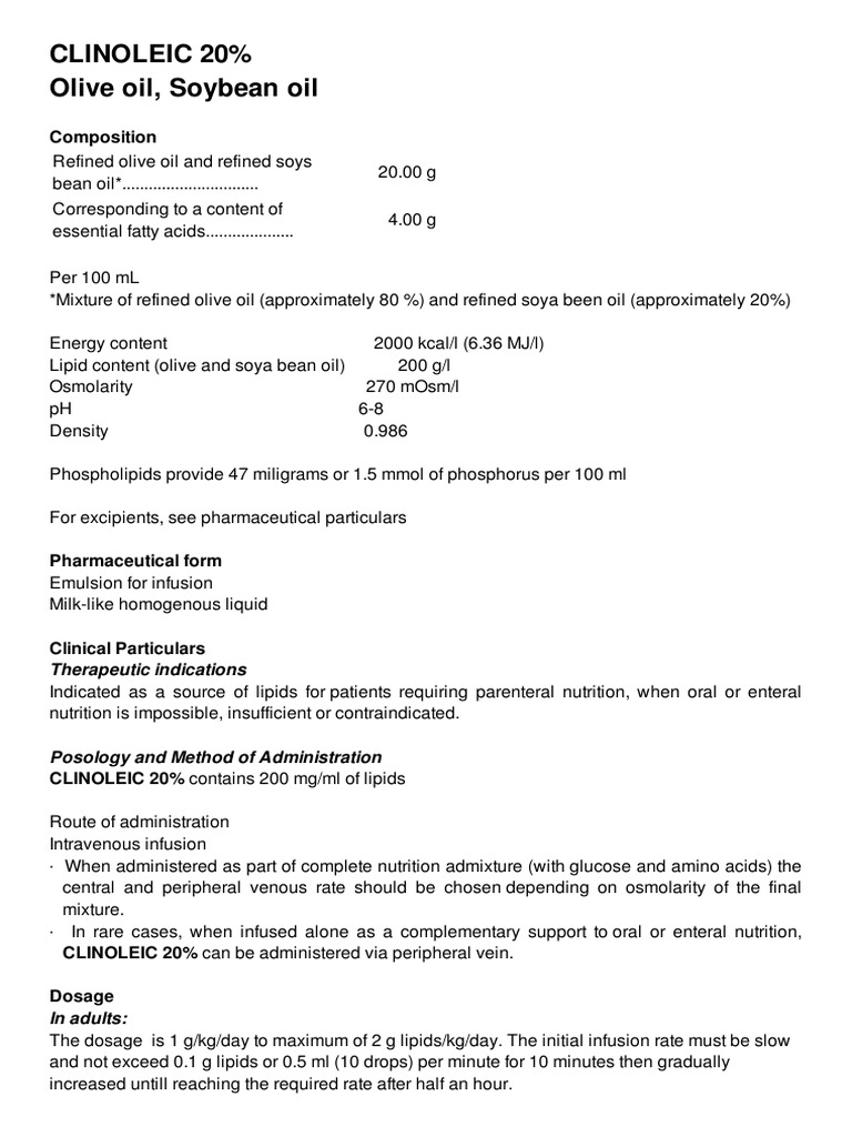 Clinoleic 20% Olive Oil, Soybean Oil: Composition | PDF | Intravenous ...