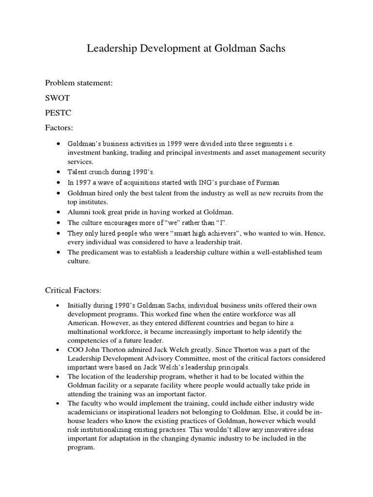 Leadership Development at Goldman Sachs: Problem Statement: Swot Pestc ...