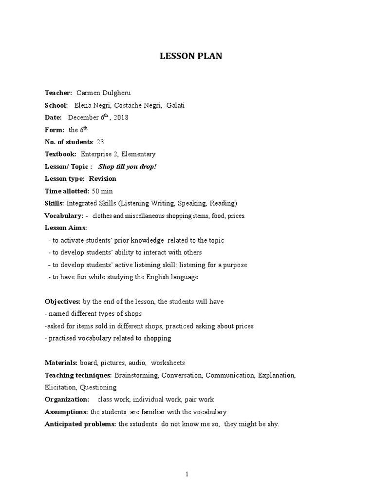 Carmen Lesson Plan Shopping | PDF | Vocabulary | Applied Psychology