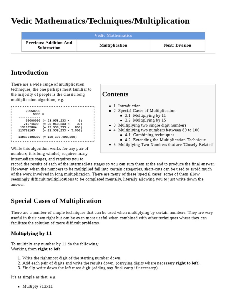 Vedic Mathematics/Techniques/Multiplication | PDF | Multiplication ...