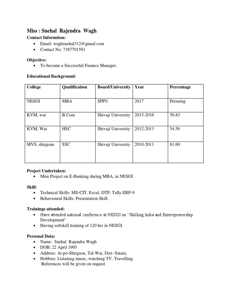 Miss: Snehal Rajendra Wagh: Contact Informtion | PDF | Career & Growth