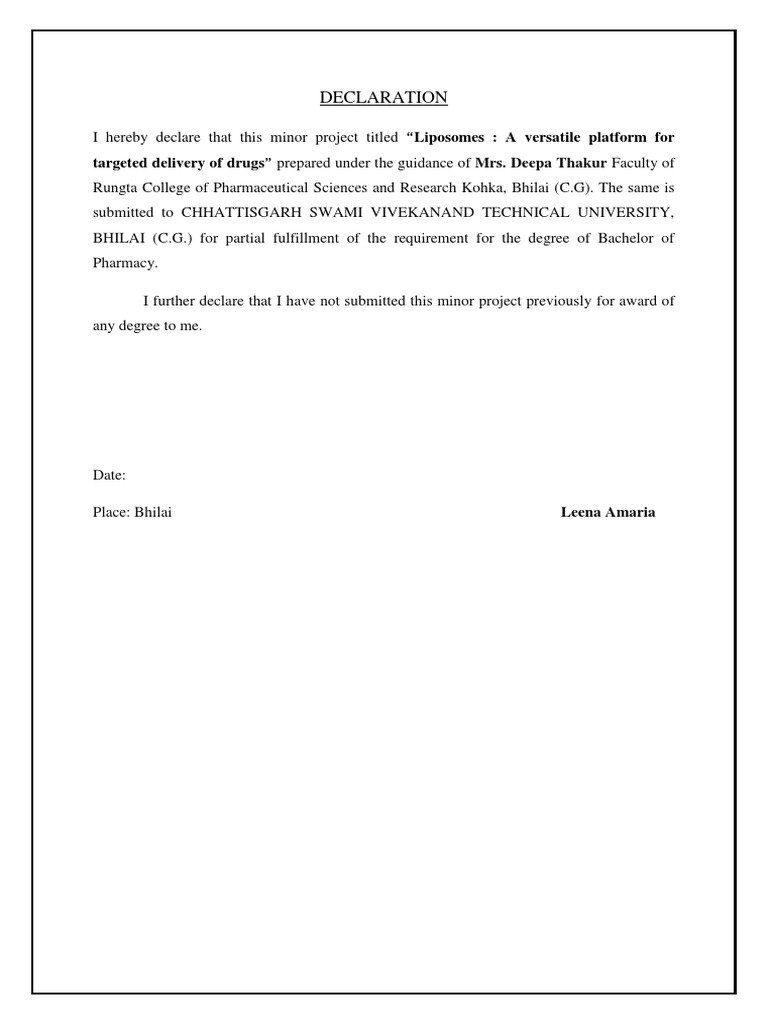 Declaration: "Liposomes: A Versatile Platform For Targeted Delivery of ...