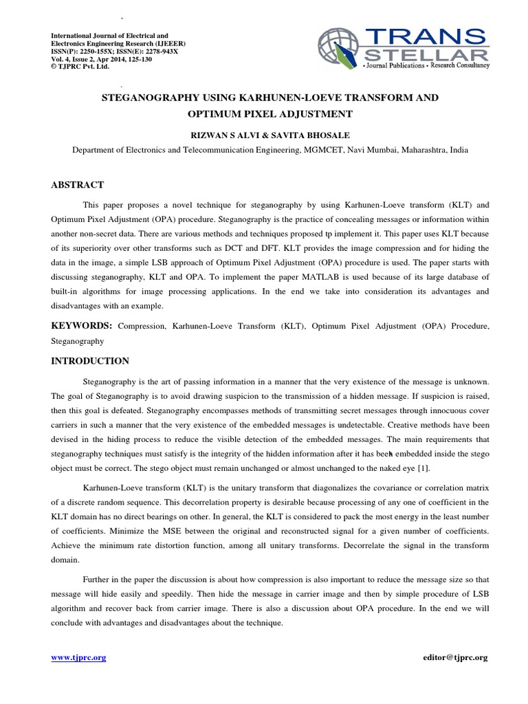 Steganography Using Karhunen-Loeve Transform and Optimum Pixel Adjustment | PDF | Eigenvalues ...
