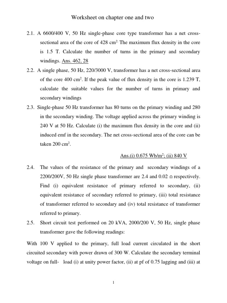 Worksheet On Chapter One and Two | PDF | Transformer | Inductor