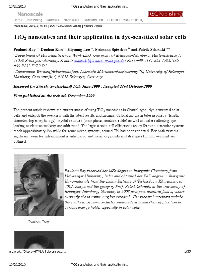 Tio Nanotubes and Their Application in Dye-Sensitized Solar Cells | PDF ...