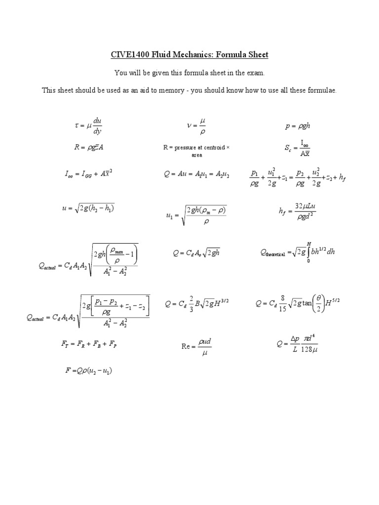 Fluid Mechanics Formula-Sheet | PDF | Nature