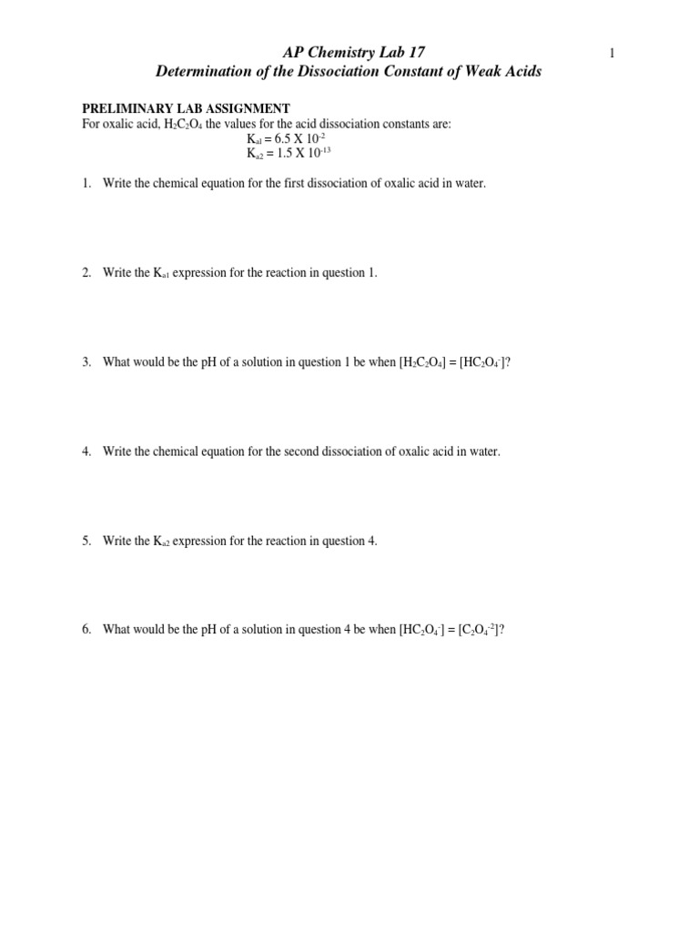 Ap Chemistry Lab 17 Determination Of The Dissociation Constant Of Weak
