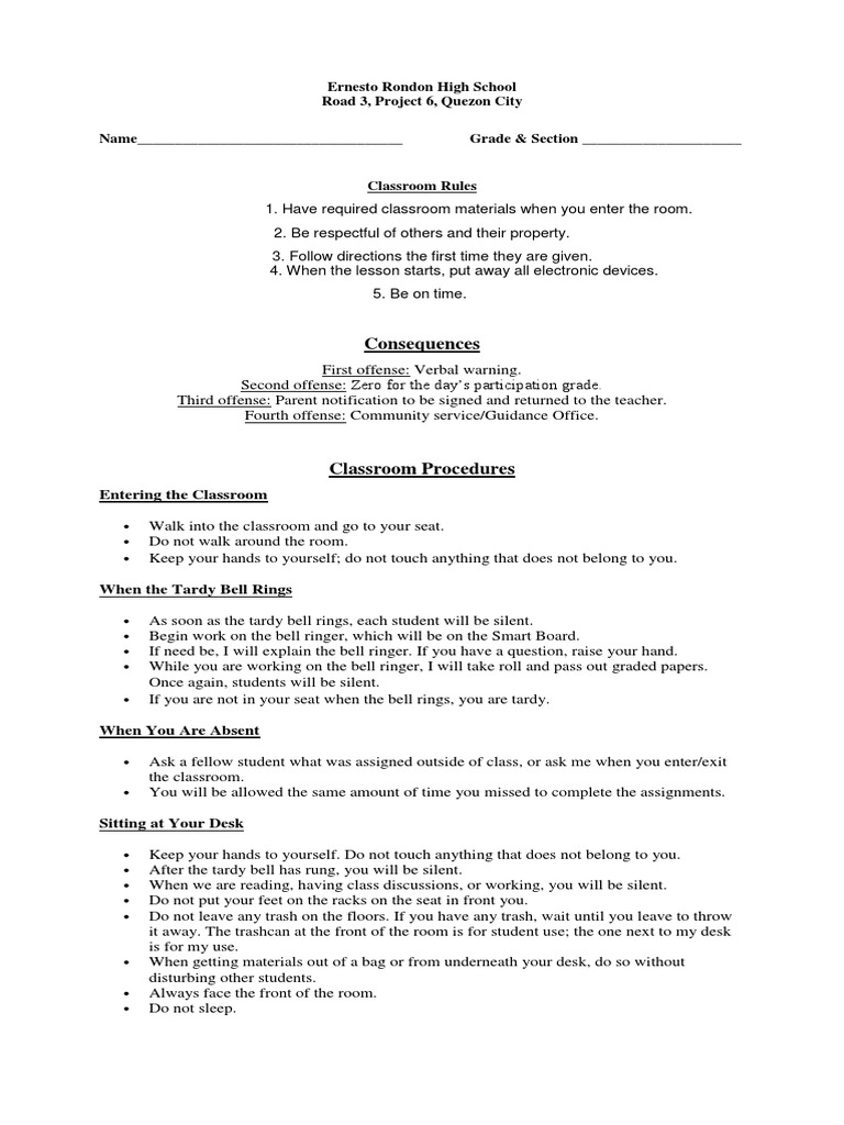 Classroom Procedures and Expectations for Mrs. Smith's 7th Grade ...
