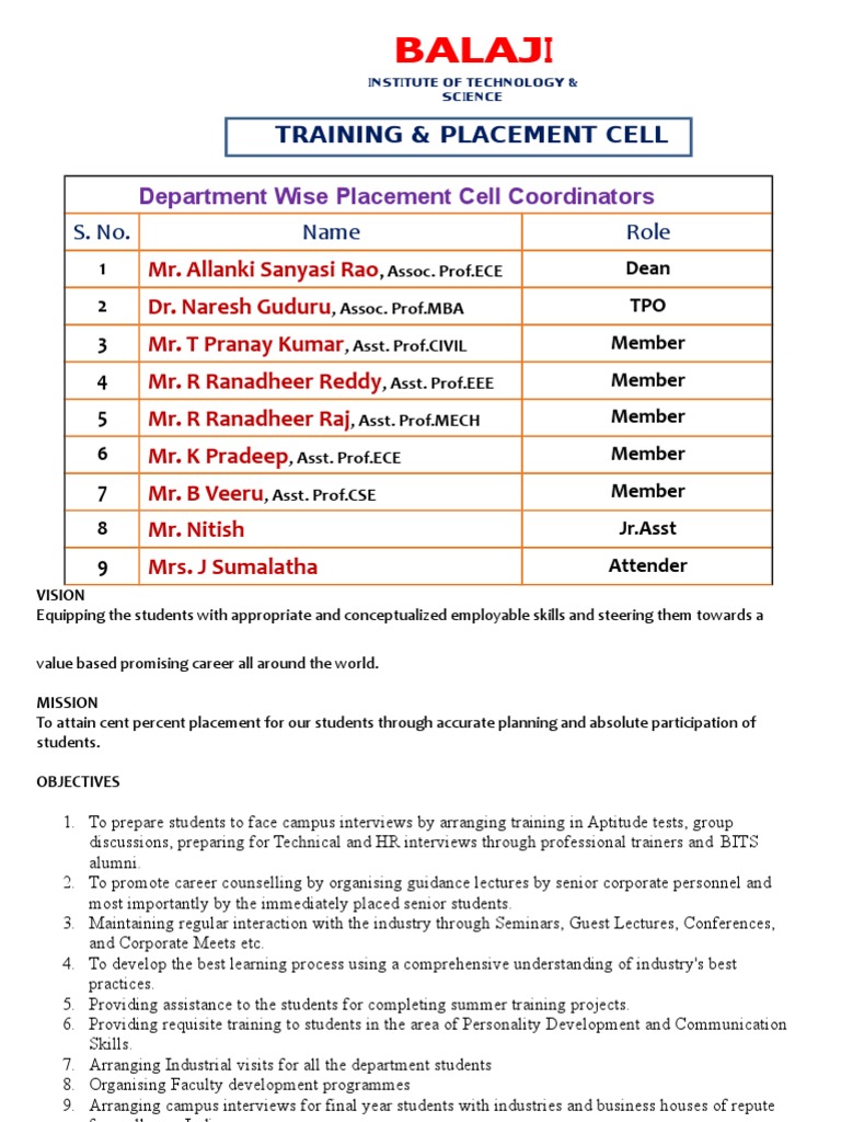Balaji: Training & Placement Cell | PDF | Teaching | Change