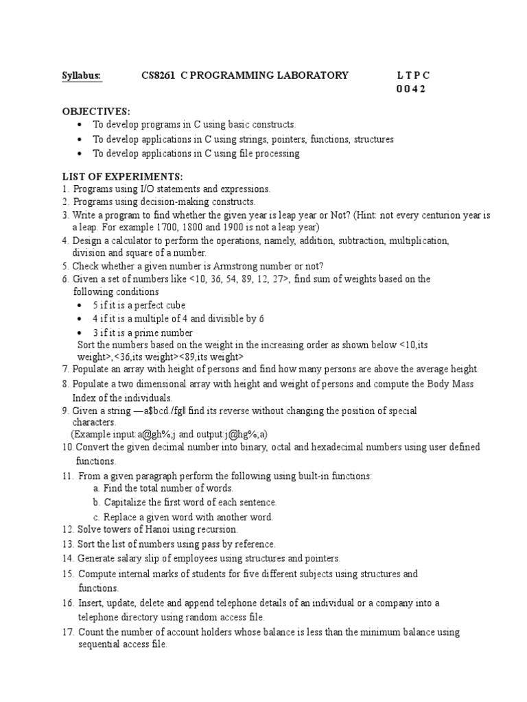Cs8261 C Programming Lab Pdf Pointer Computer Programming C Programming Language 6330