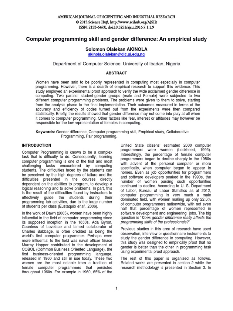 Computer Programming Skill and Gender Difference: An Empirical Study ...