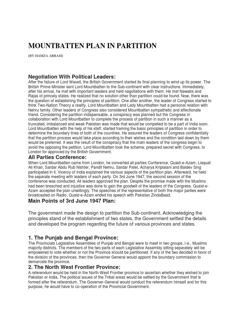 Mountbatten Partition Plan | PDF | Muhammad Ali Jinnah | South Asia