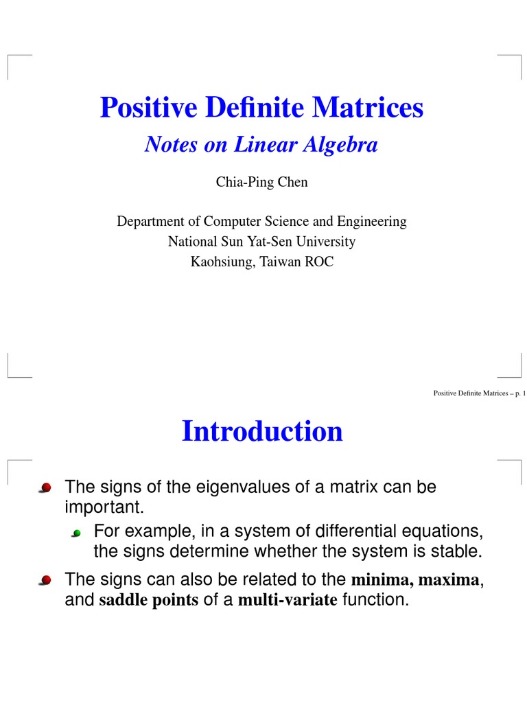 Positive Definite Matrices: Notes On Linear Algebra | PDF | Eigenvalues ...