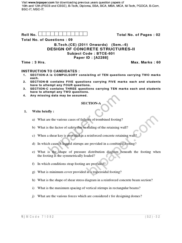 Design of Concrete Structures-Ii: Inst Ruct Ion To Candidat Es | PDF ...
