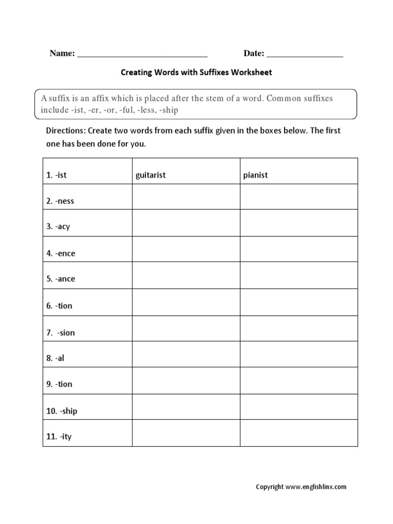 Name: - Date: - Creating Words With Suffixes Worksheet | PDF