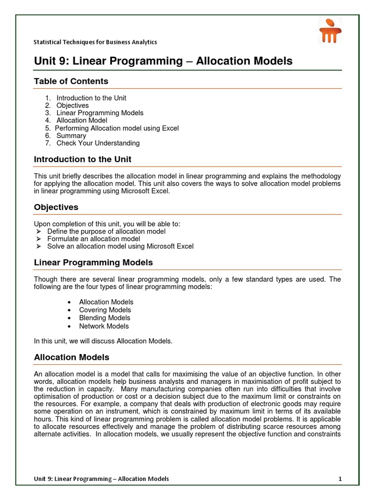 Unit 19 Linear Programming Allocation Models Pdf Mathematical