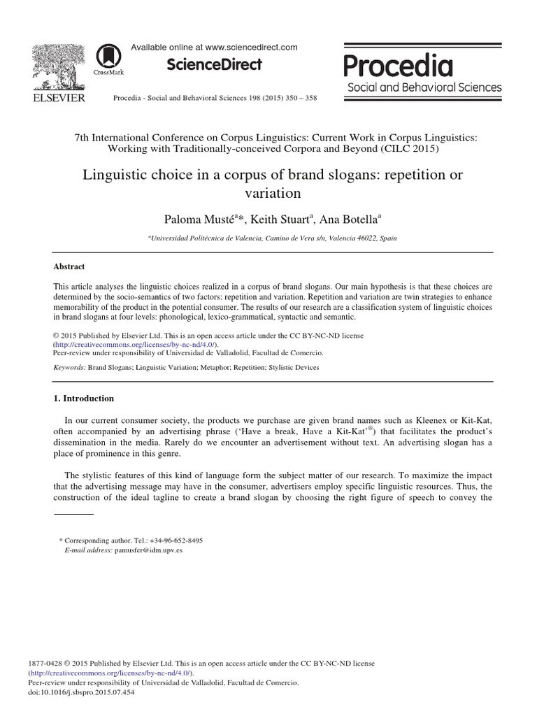 Sciencedirect: Linguistic Choice in A Corpus of Brand Slogans ...