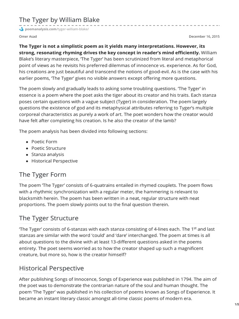 The Tyger by William Blake | PDF | Poetry | Creator Deity