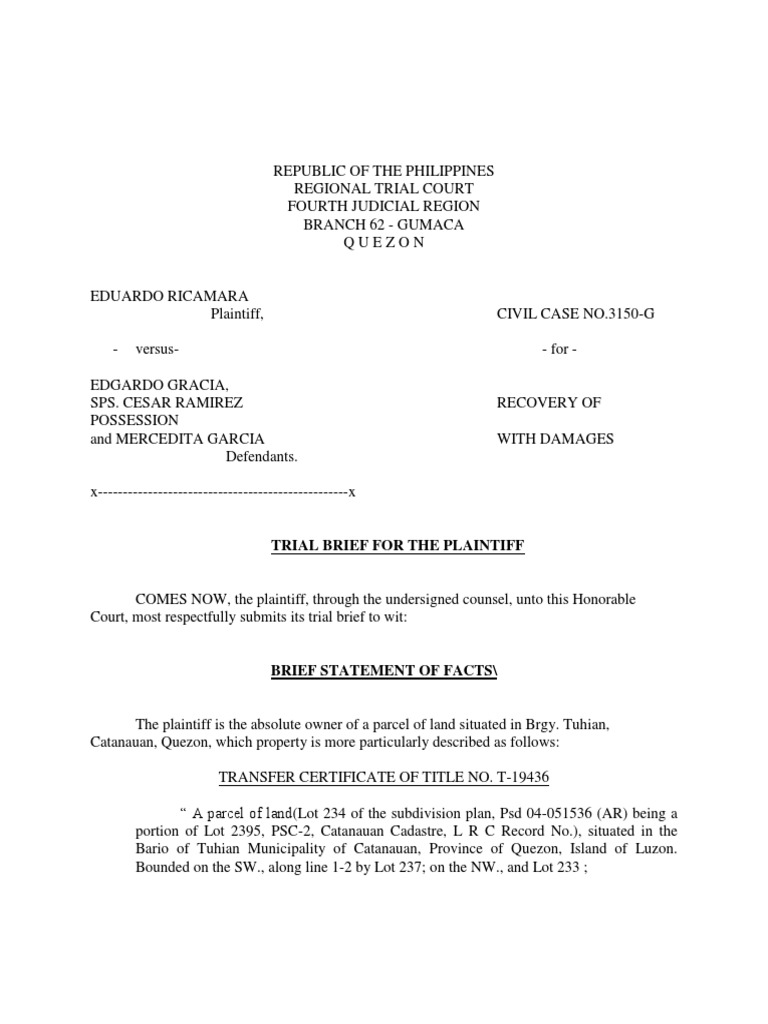 Trial Brief For The Plaintiff | Download Free PDF | Damages | Ownership