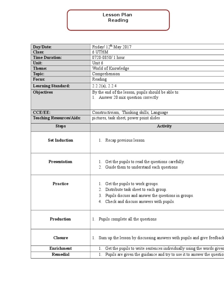Lesson Plan Reading | PDF